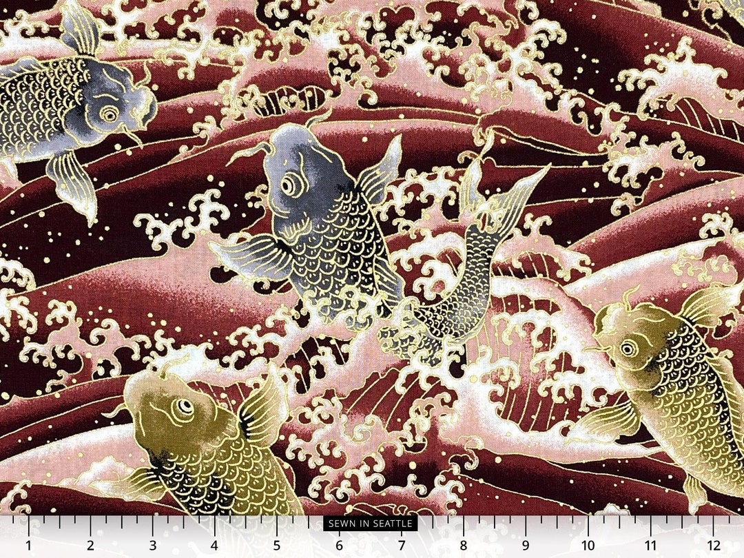 Japanese Fabric -- Gray and Brown Koi Fish in Crashing Waves With ...