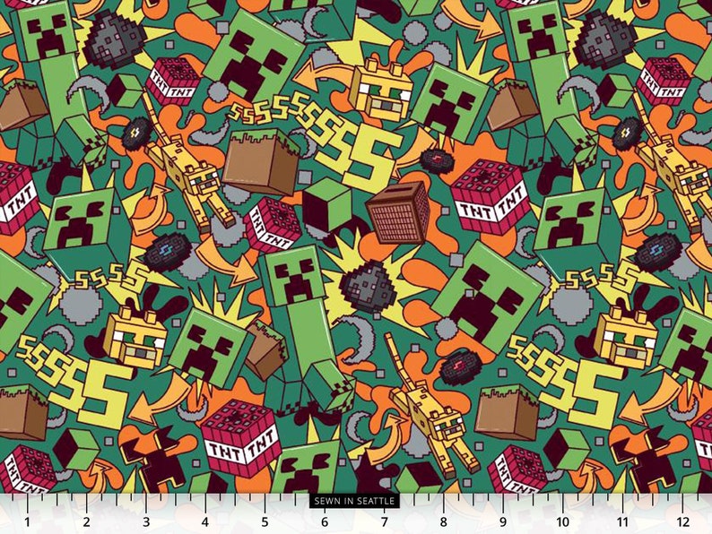 Tejido MINECRAFT Creepers de Minecraft y TNT esparcidos en verde Tejido ...