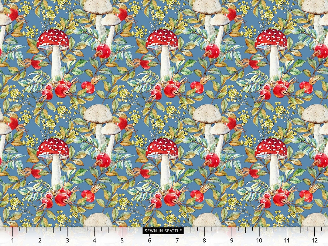 Mushroom Fabric -- Spotted Red Mushrooms and White Mushroom With ...