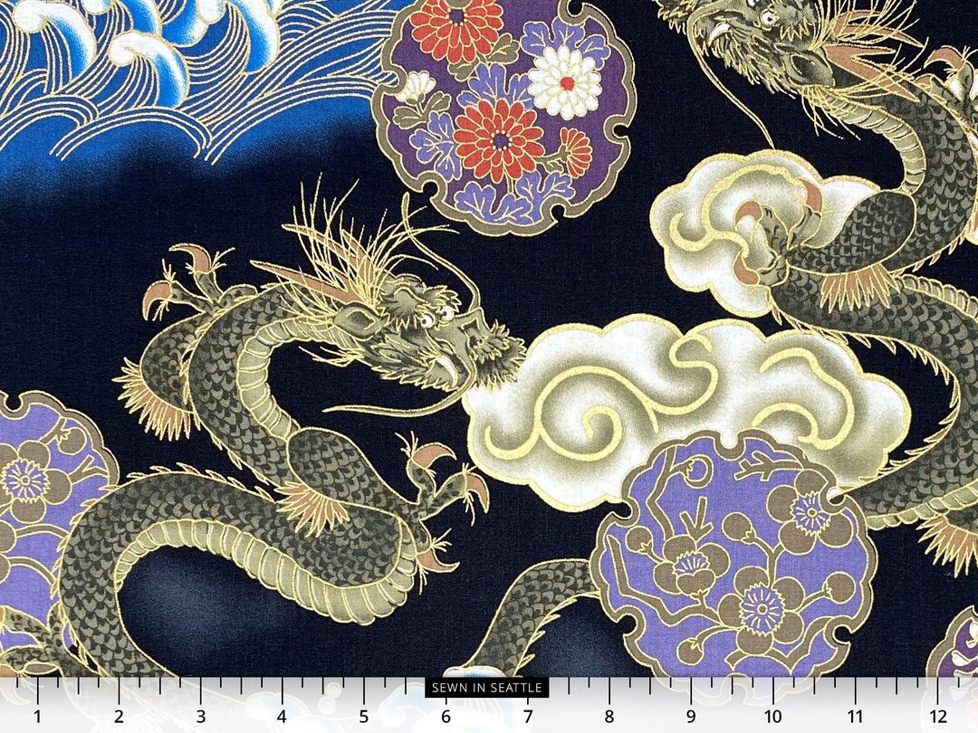 Japanese Fabric -- Large Dragons Flying Through Clouds and Wind With ...