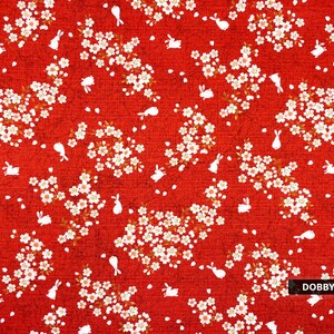 Japanese DOBBY Fabric -- Rabbits Hopping Through Cherry Blossoms on Red ...