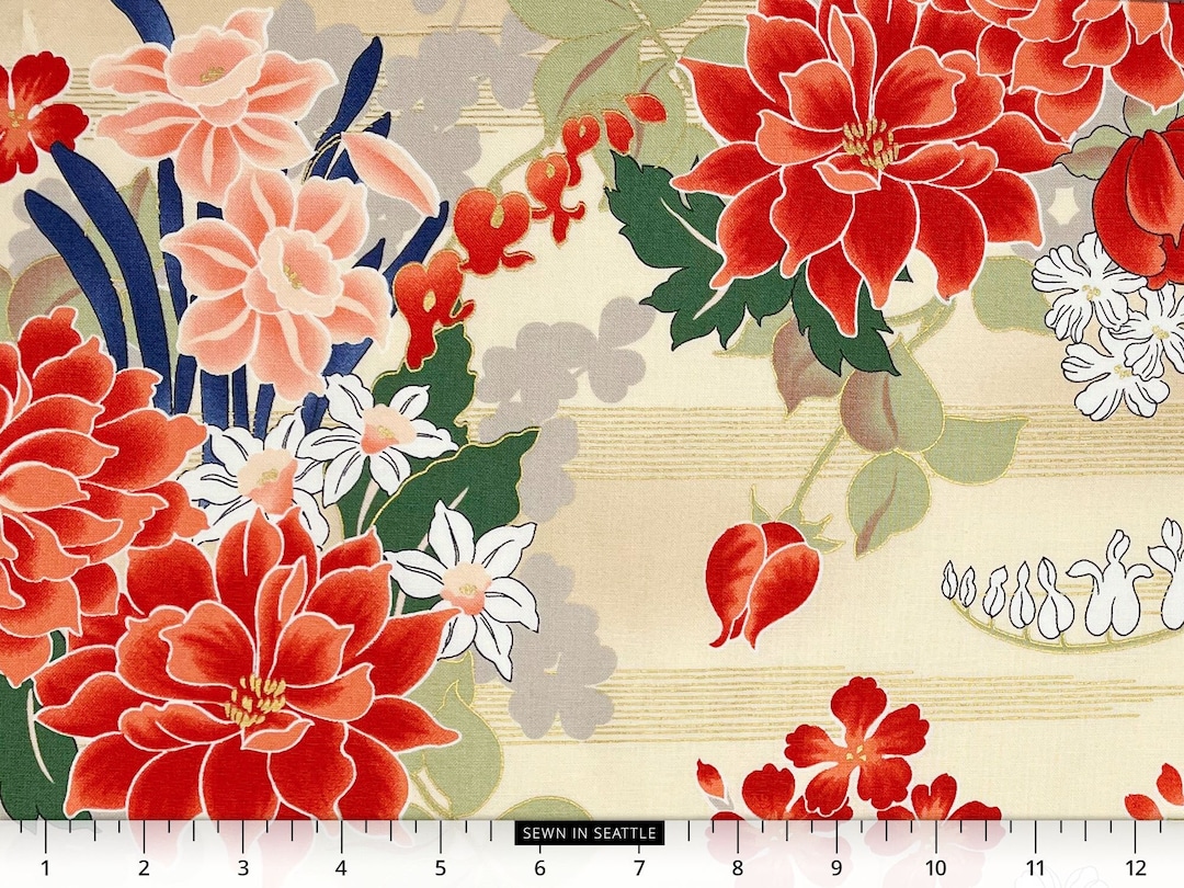 Japanese Fabric -- Japanese Floral With 80s Art Deco Feel on Light Tan ...
