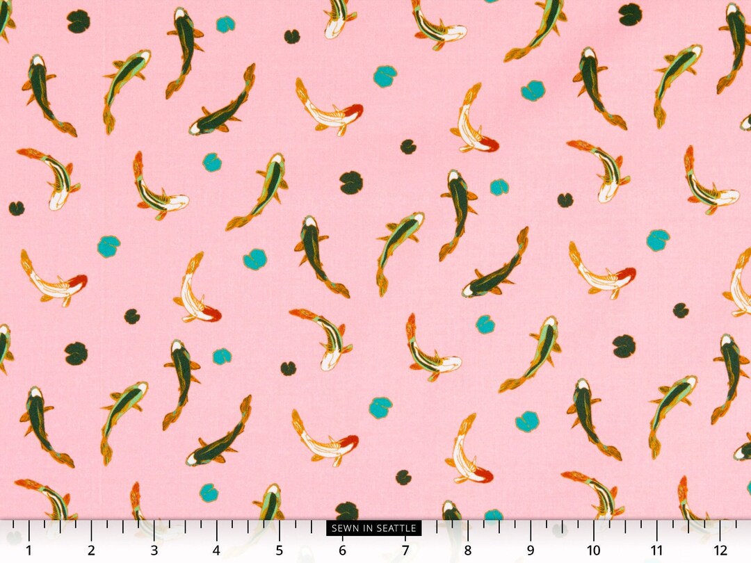 Asian-inspired Fabric -- Green, White and Red Koi Fish Swimming Among ...