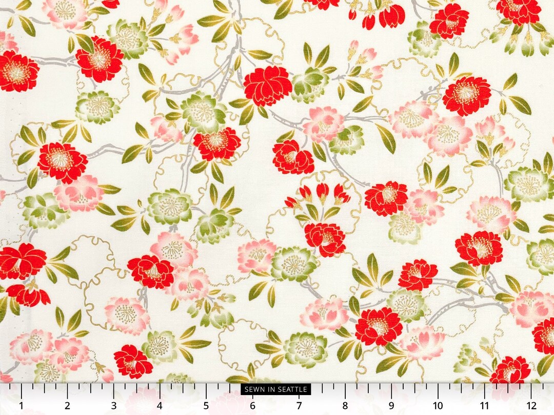Japanese Fabric -- Cherry Blossom Branches on Cream With Metallic Gold ...