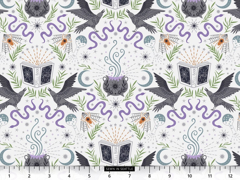 Halloween Fabric -- Witchy Pattern of Cauldrons and Spell Books on ...