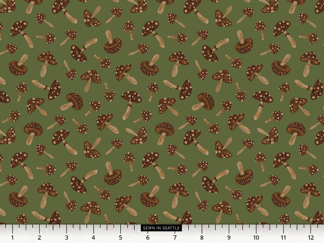Mushroom Fabric -- Spotted Brown Mushrooms Tossed on Dark Olive Green ...