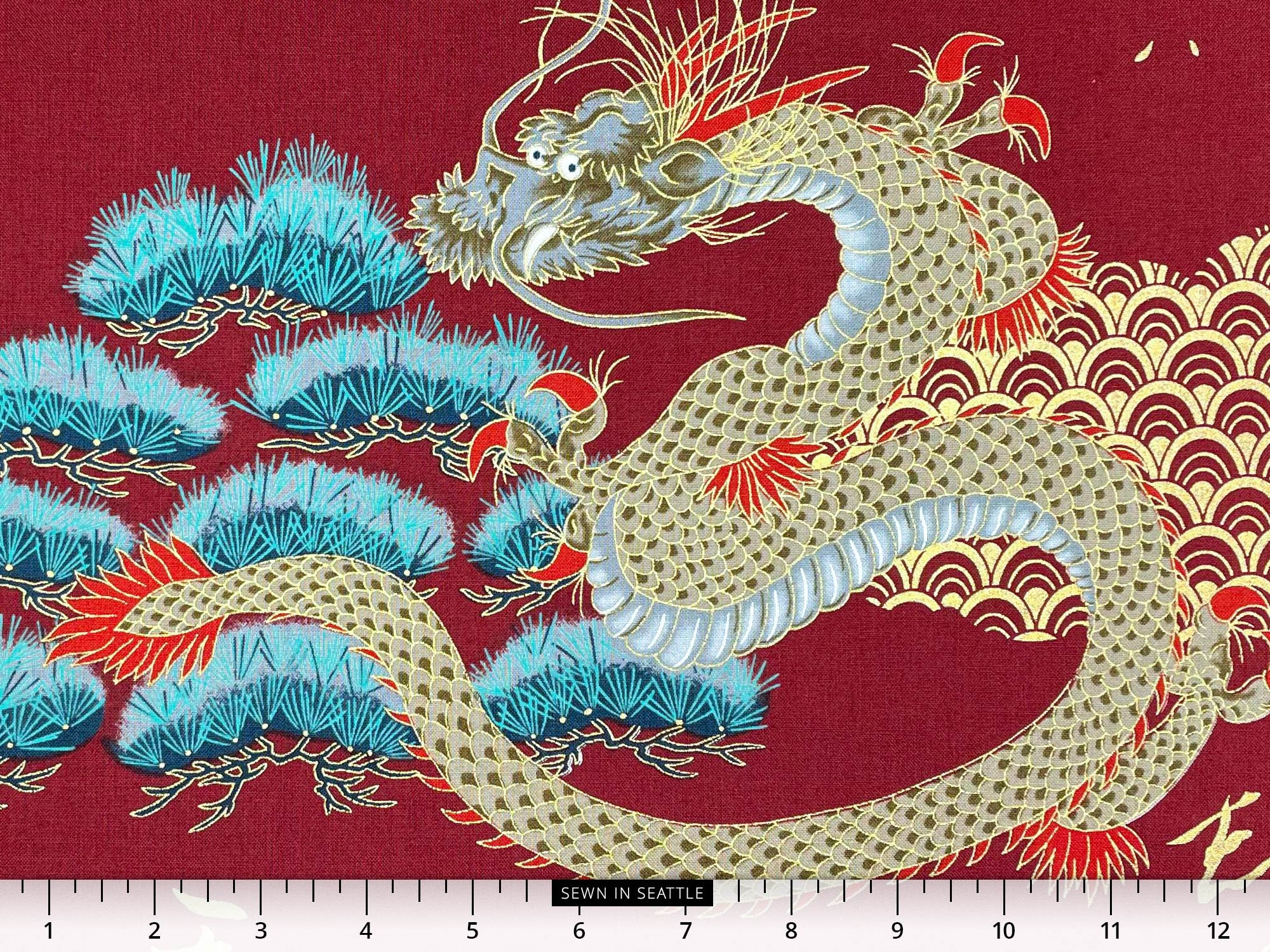Japanese Fabric Large Crane and Dragon on Dark Red With - Etsy