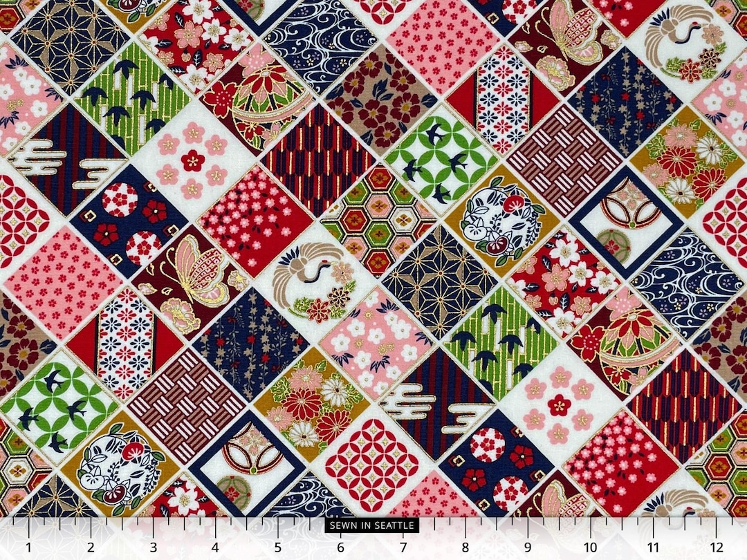 Japanese Fabric -- Traditional Kimono Patterns Arranged in Diamonds ...