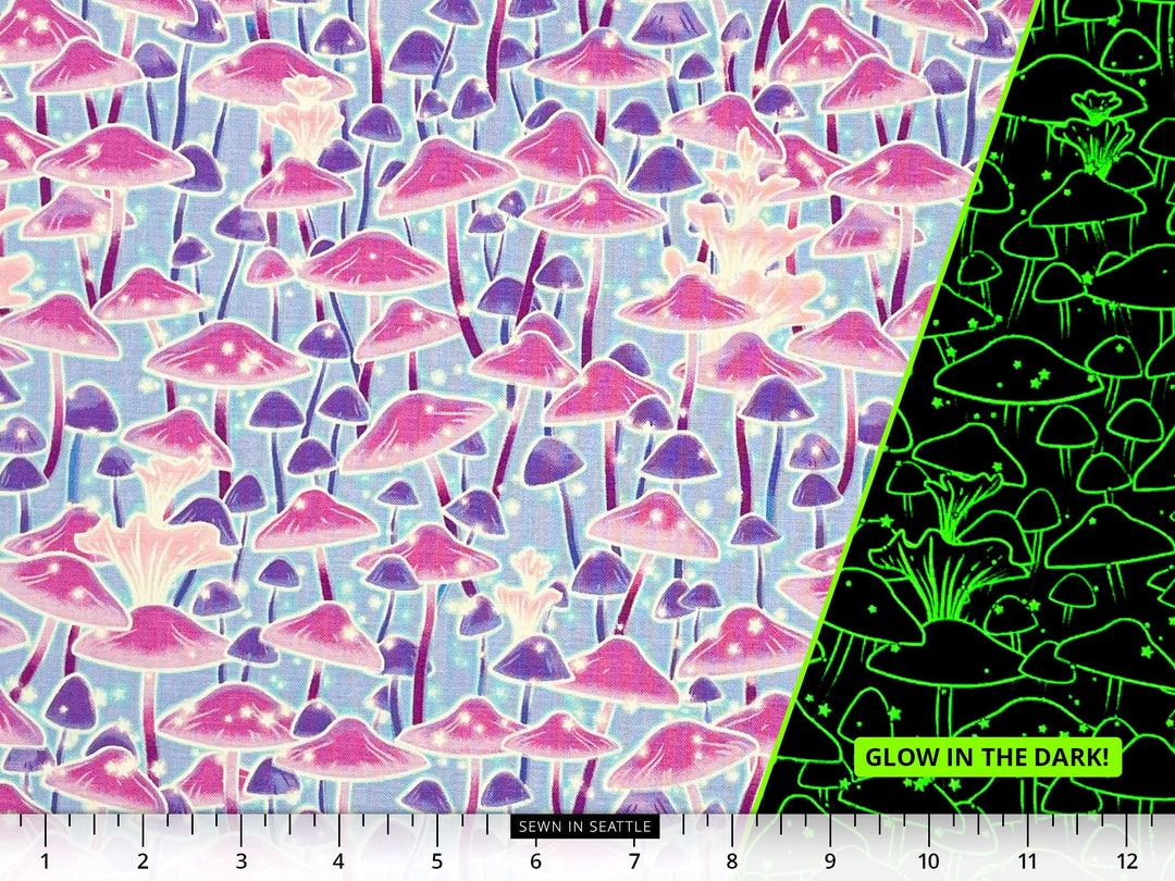 Mushroom Fabric -- Glow-in-the-dark Magenta and Purple Mushrooms on a ...