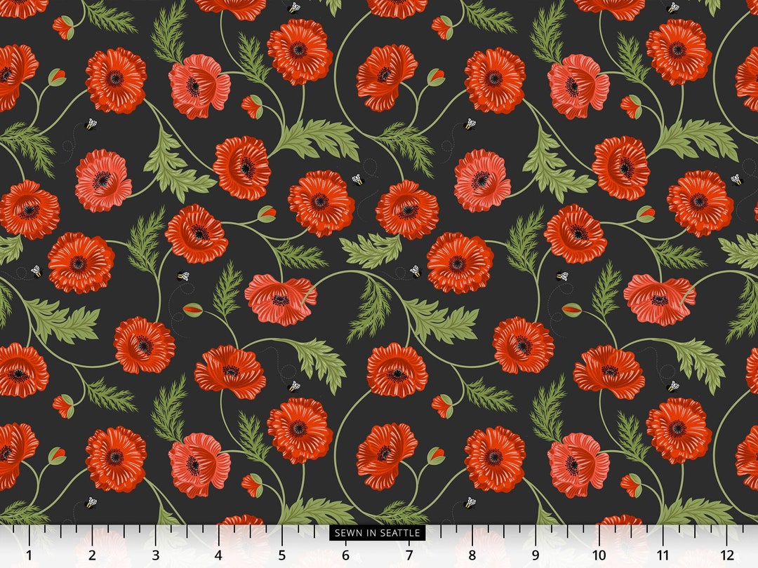 Red Poppies and Mini Bees Repeated on Black -- 100% Cotton Quilting ...