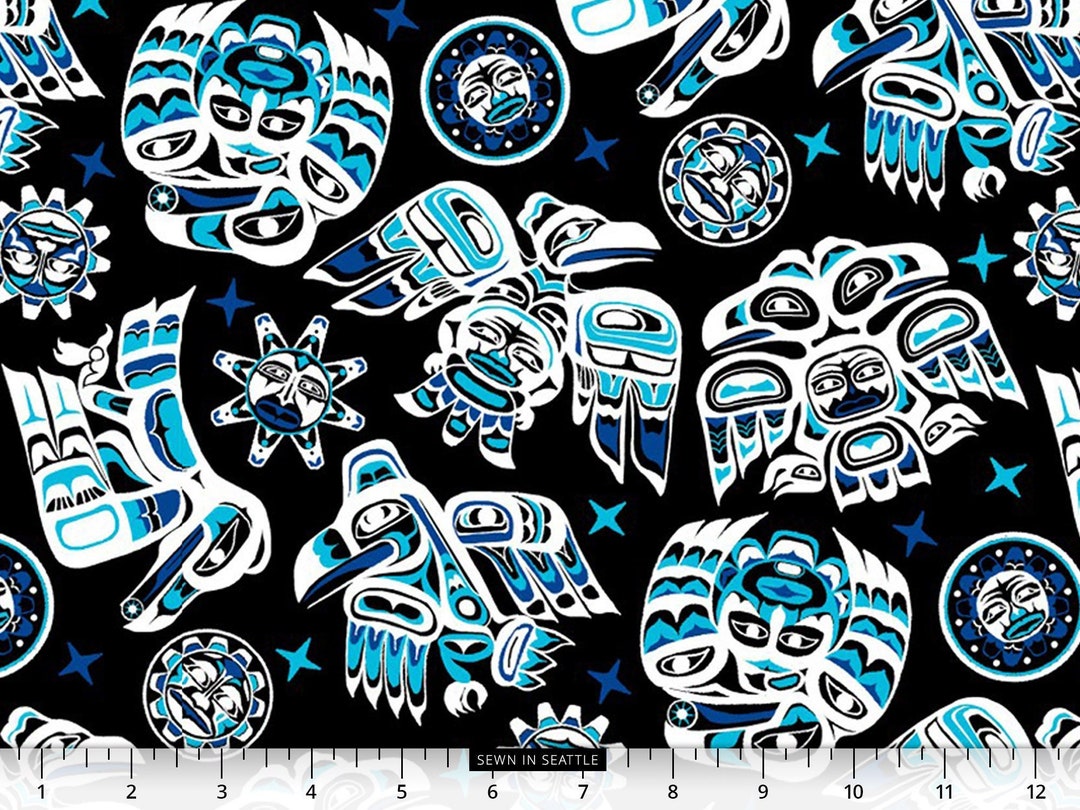 Animals in Northwest Native American Formline Art Style on Black Cotton ...