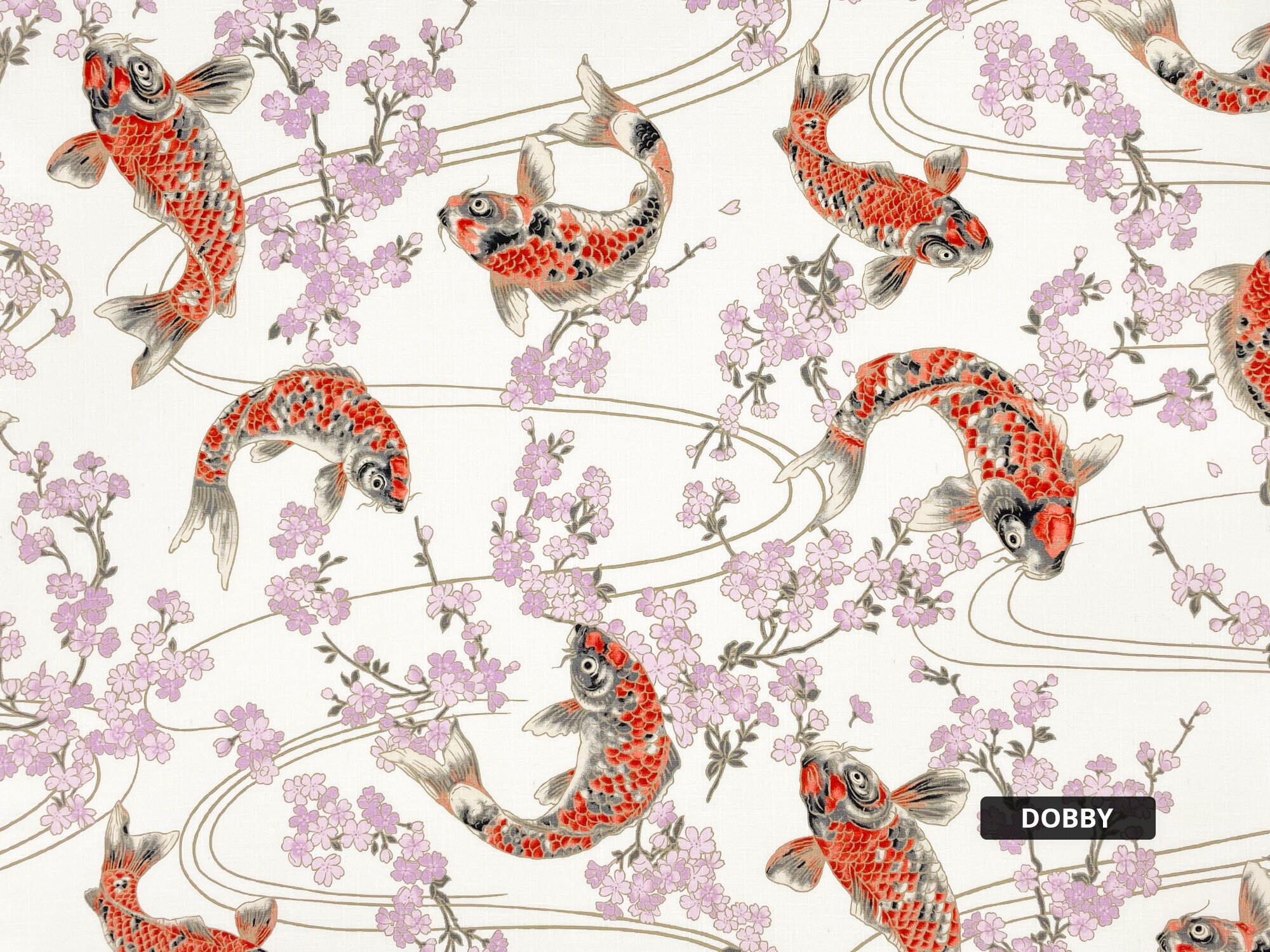 Japanese DOBBY Fabric -- Koi Fish Swimming Among Cherry Blossoms on Off ...