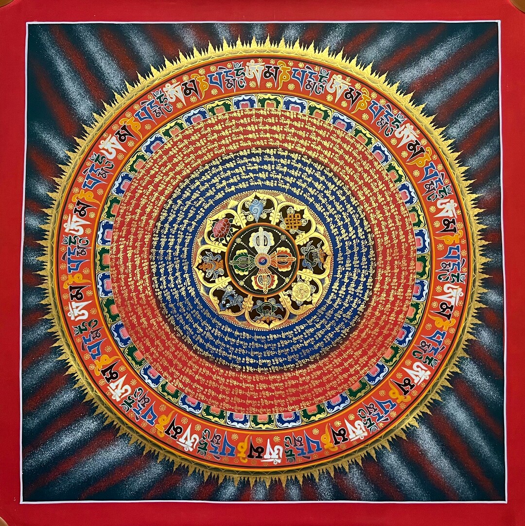 Large Original Hand Painted Tibetan Buddha Mantra Compassion Mandala ...