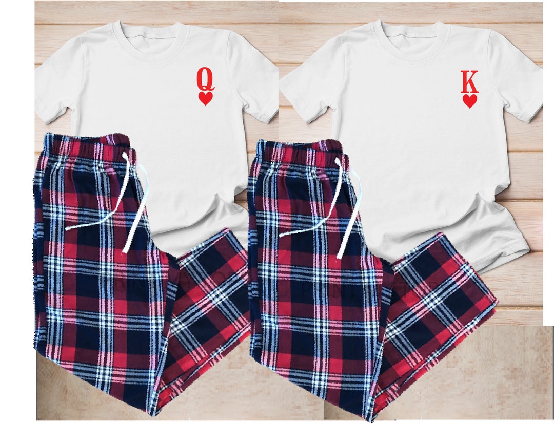 Matching His and Hers King Queen Tartan Pyjamas White Tops Couple ...