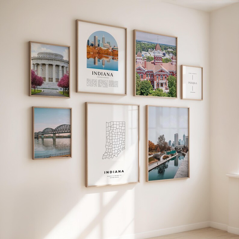 Indiana Wall Art Set of 6, Nature Travel Prints, State Map and ...