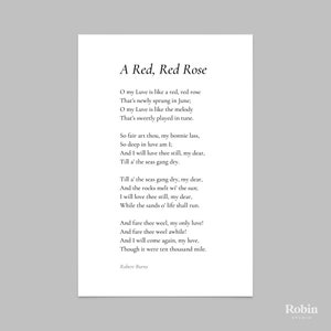 A Red Red Rose by Robert Burns Poem Print Poetry Print Gift, Literaty ...