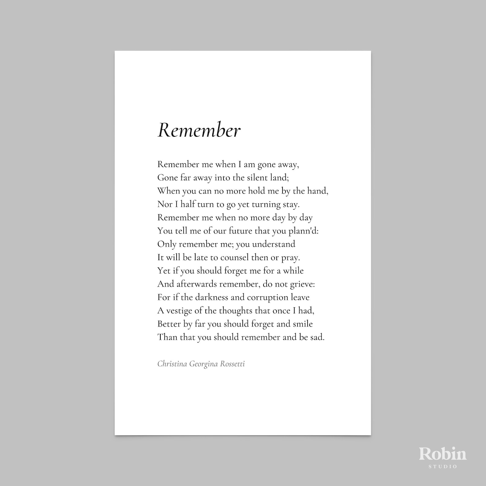 Remember by Christina Georgina Rossetti Poem Print Poetry - Etsy