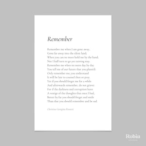 Remember by Christina Georgina Rossetti Poem Print Poetry Print Gift ...