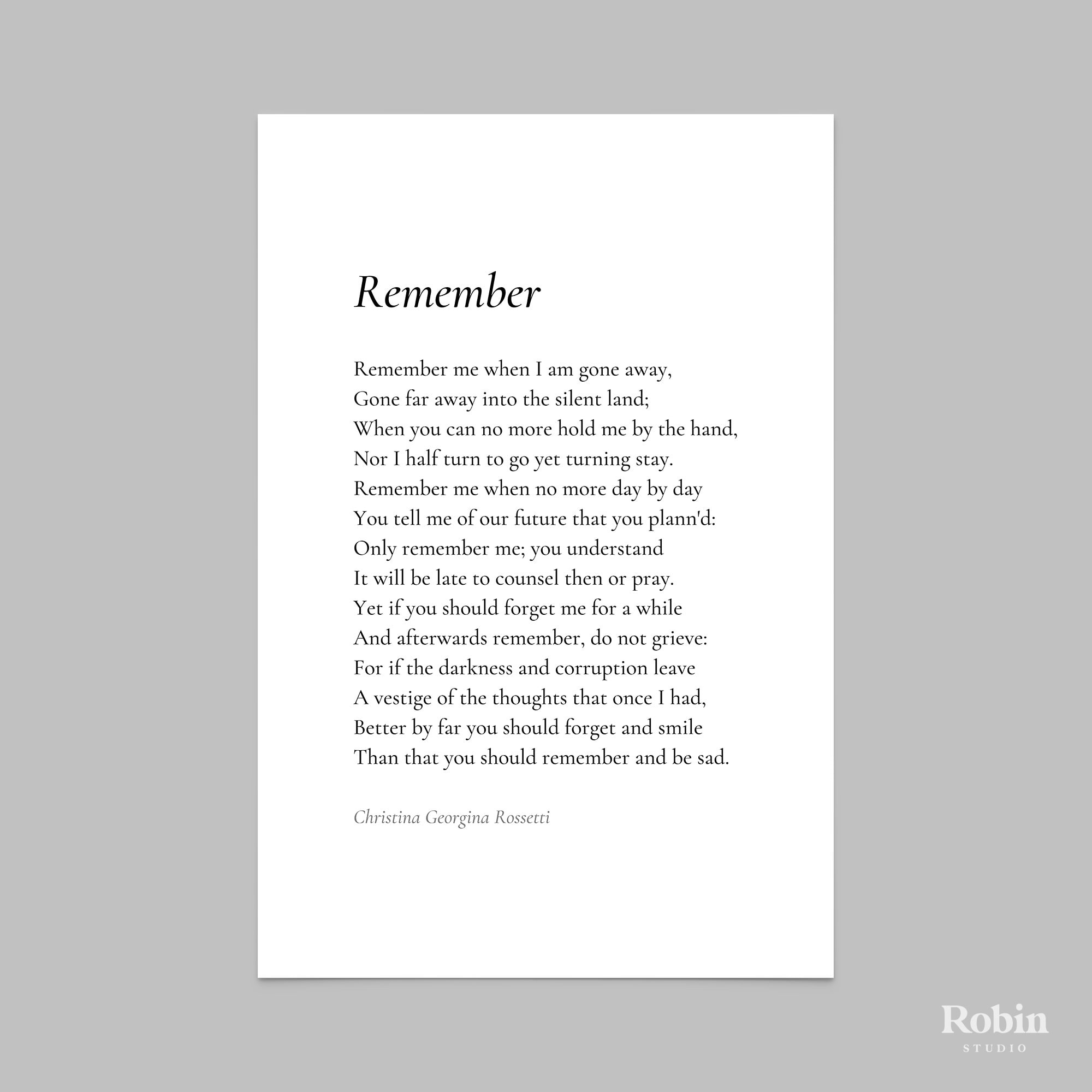Remember by Christina Georgina Rossetti Poem Print Poetry - Etsy