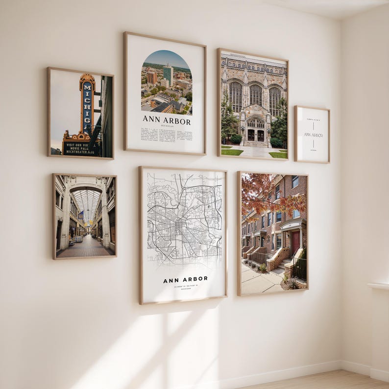 Ann Arbor Wall Art Set of 6, Michigan Travel Prints, City Map and Photo ...