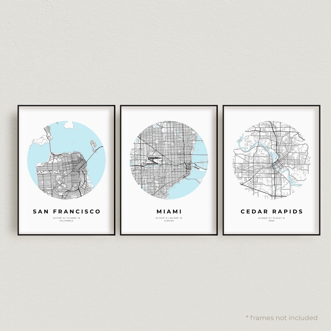 Personalized Map Prints set of 3, Custom Street Map Posters, Custom ...