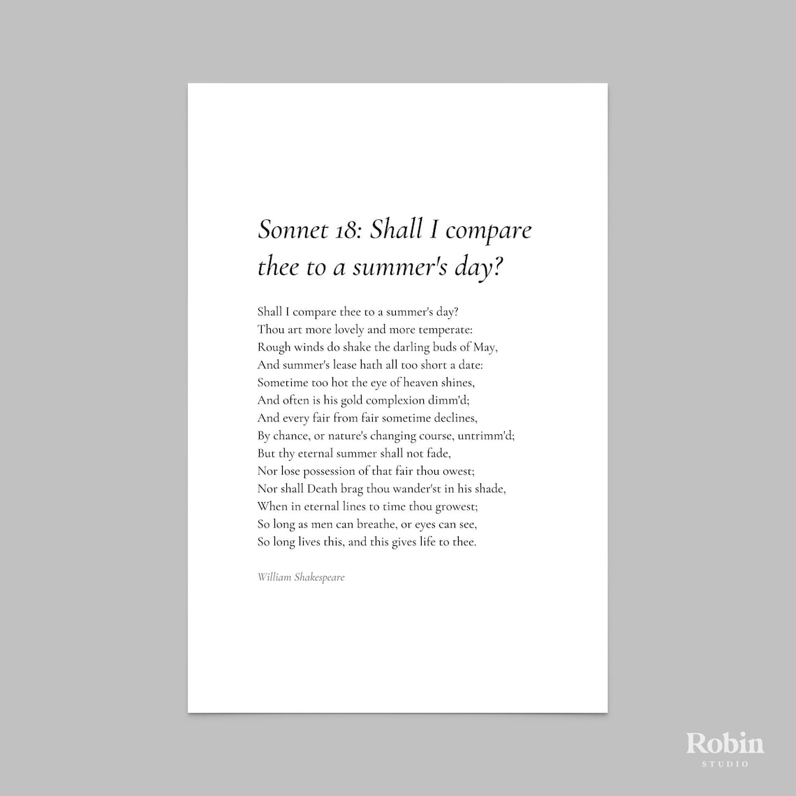 Sonnet 18 Shall de William Shakespeare Poème Imprimer Poésie - Etsy France