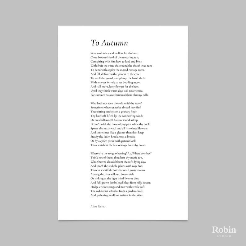 To Autumn by John Keats Poem Print - Poetry Print Gift, Literaty Poster ...