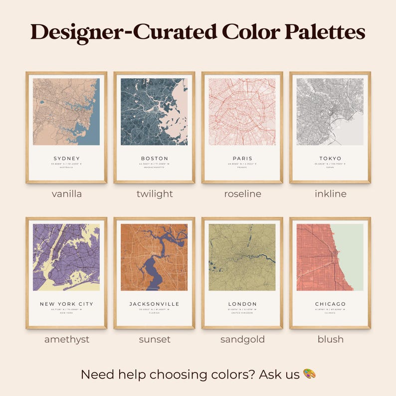Set of 6 Personalized City Maps, Designer Color Palettes, Custom ...