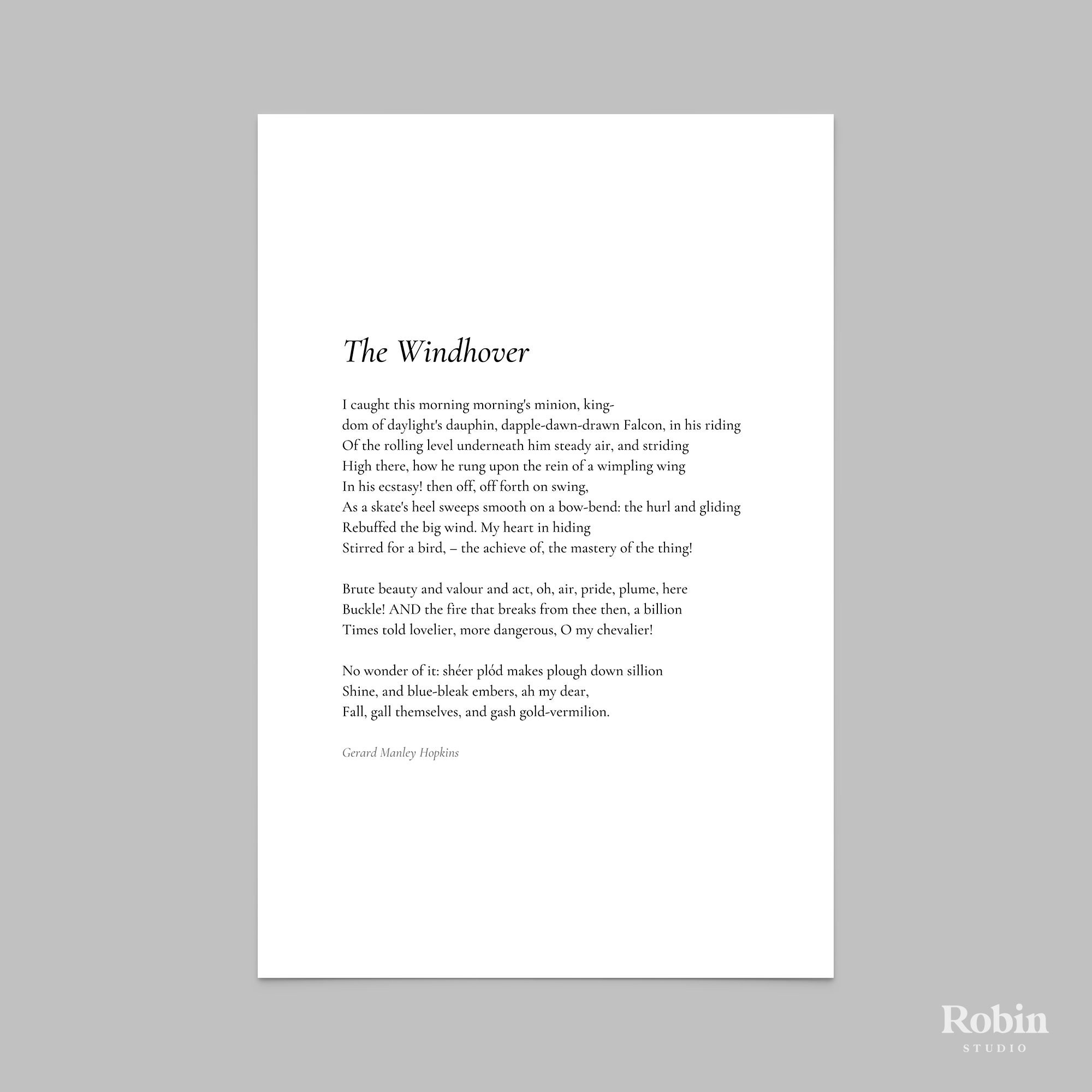 The Windhover by Gerard Manley Hopkins Poem Print Poetry - Etsy