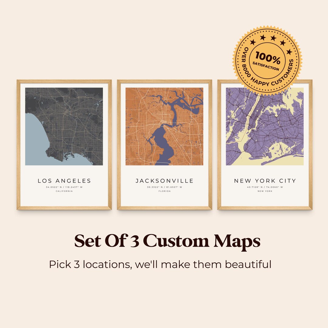 Set of 3 Personalized City Maps, Designer Color Palettes, Custom ...
