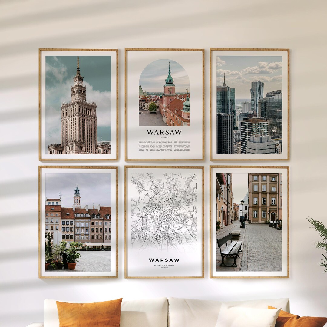 Warsaw Wall Art Set of 6, Poland Travel Prints, City Map and Photo ...