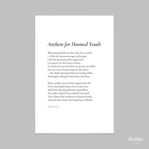 Anthem for Doomed Youth by Wilfred Owen Poem Print - Poetry Print Gift ...