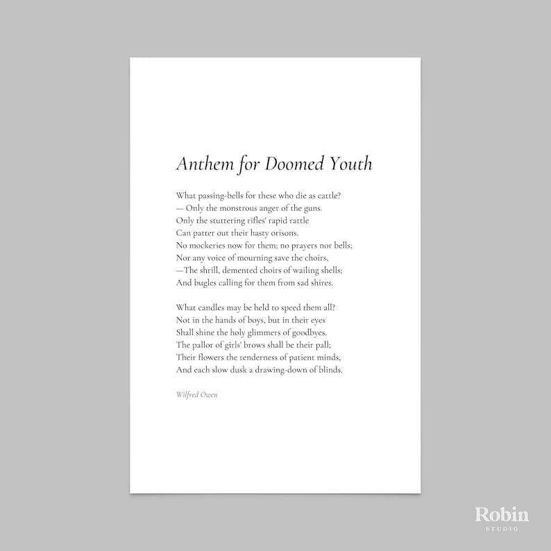 Anthem for Doomed Youth by Wilfred Owen Poem Print - Poetry Print Gift ...