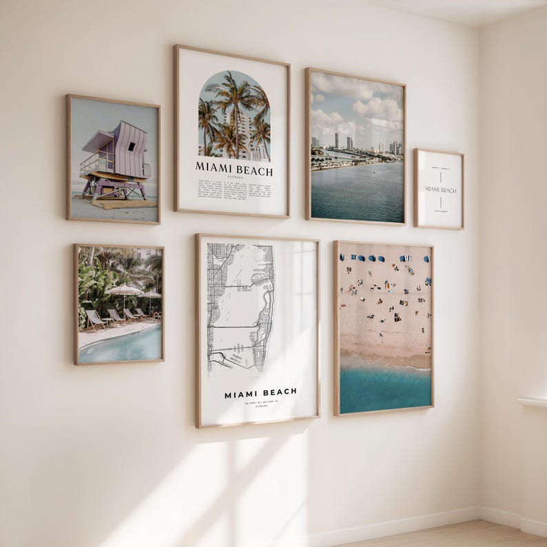 Miami Beach Wall Art Set of 6, Florida Travel Prints, City Map and ...