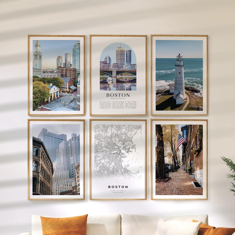 Boston Wall Art Set of 6, Massachusetts Travel Prints, City Map and ...