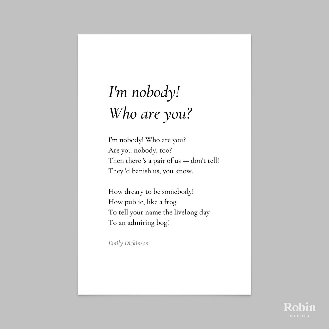 I Am Nobody by Emily Dickinson Poem Print - Poetry Print Gift, Literaty ...