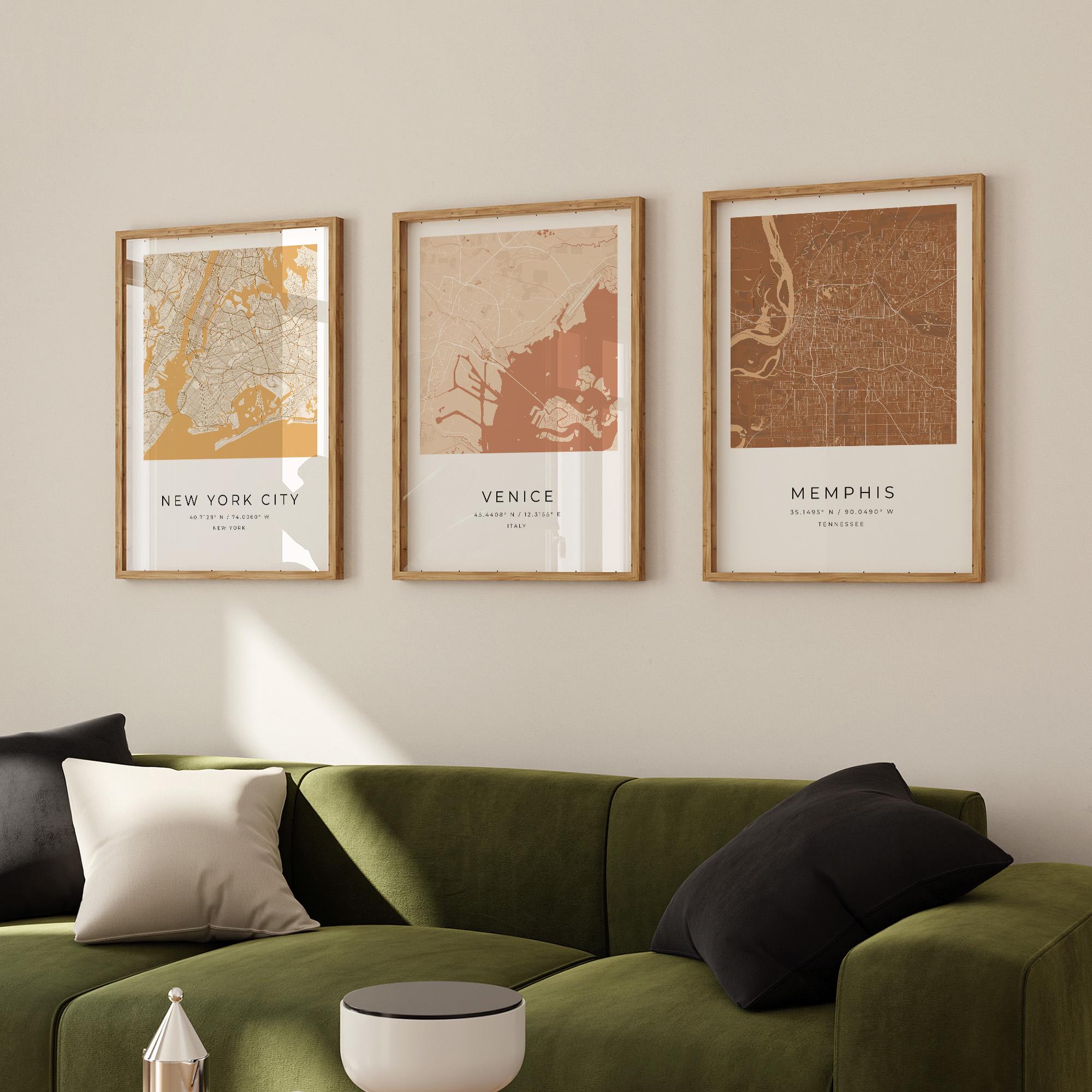 Set of 3 Boho Personalized City Maps, Earth Tone Palettes, Terracotta ...
