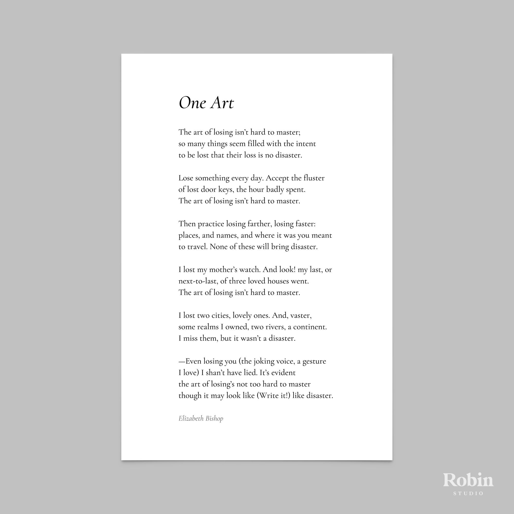 One Art by Elizabeth Bishop Poem Print Poetry Print Gift - Etsy