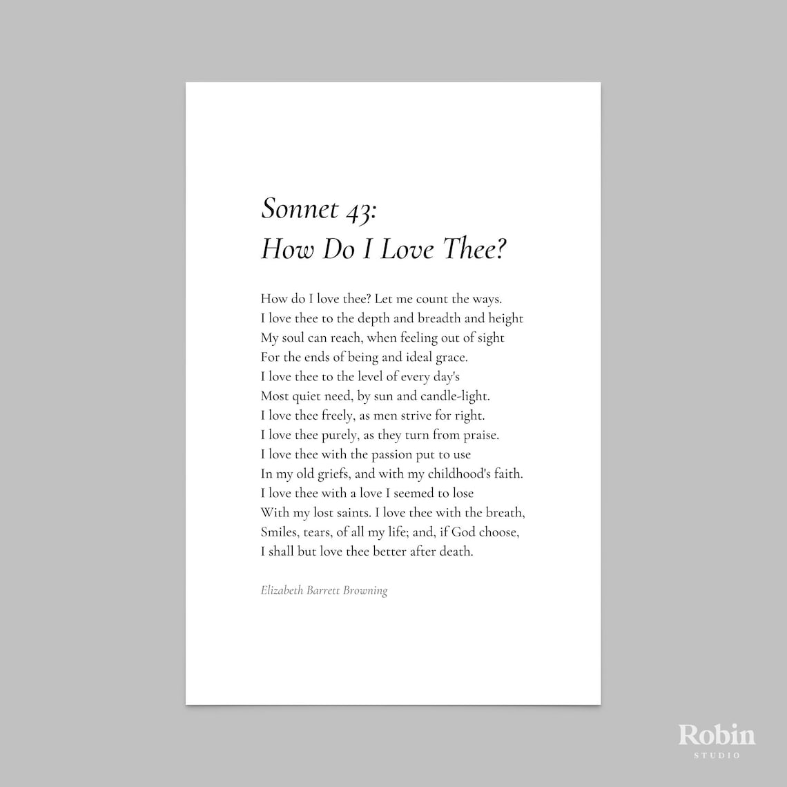 Sonnet 43 by Elizabeth Barrett Browning Poem Print Poetry | Etsy