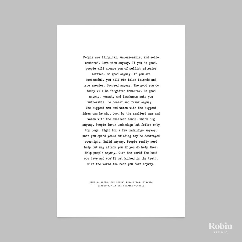 Kent M Keith People are illogical Quote Print Book Quote | Etsy