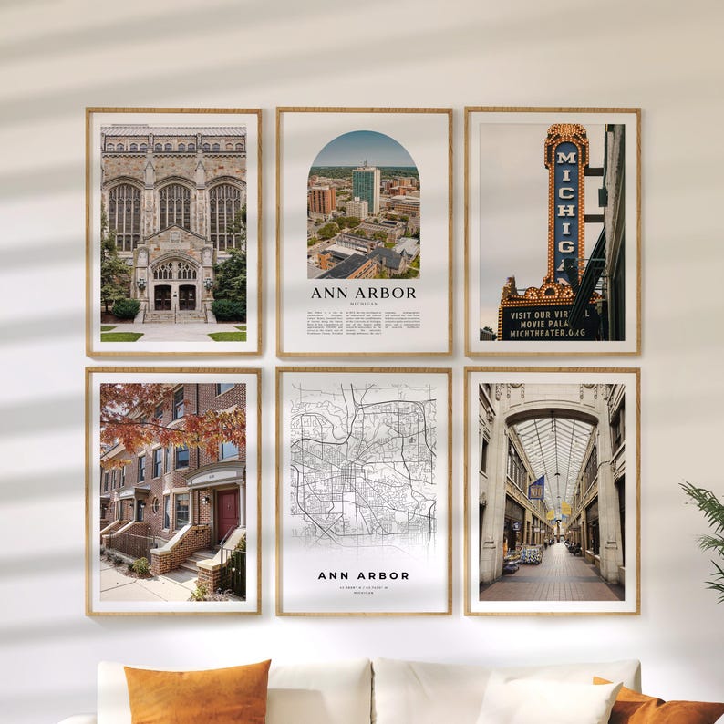 Ann Arbor Wall Art Set of 6, Michigan Travel Prints, City Map and Photo ...
