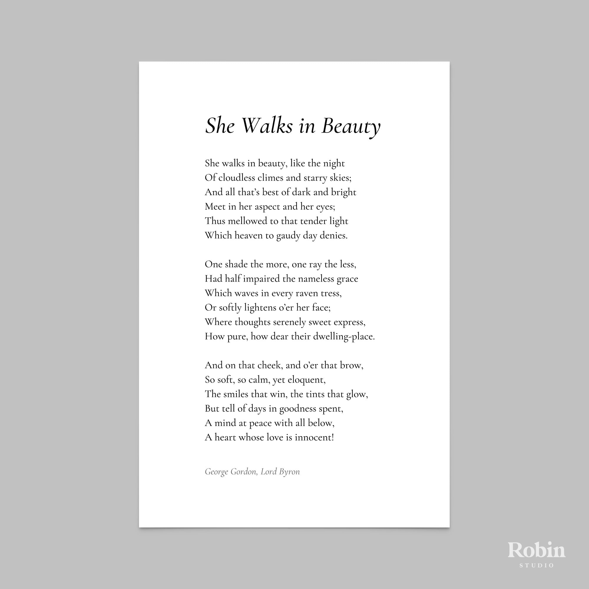 She Walks in Beauty by George Gordon Lord Byron Poem Print - Etsy