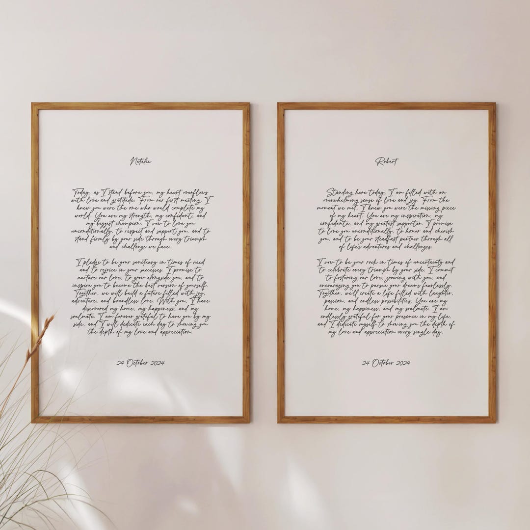 Custom Calligraphy Wedding Vows Set, Her His Vows Gift, Framed Vows ...