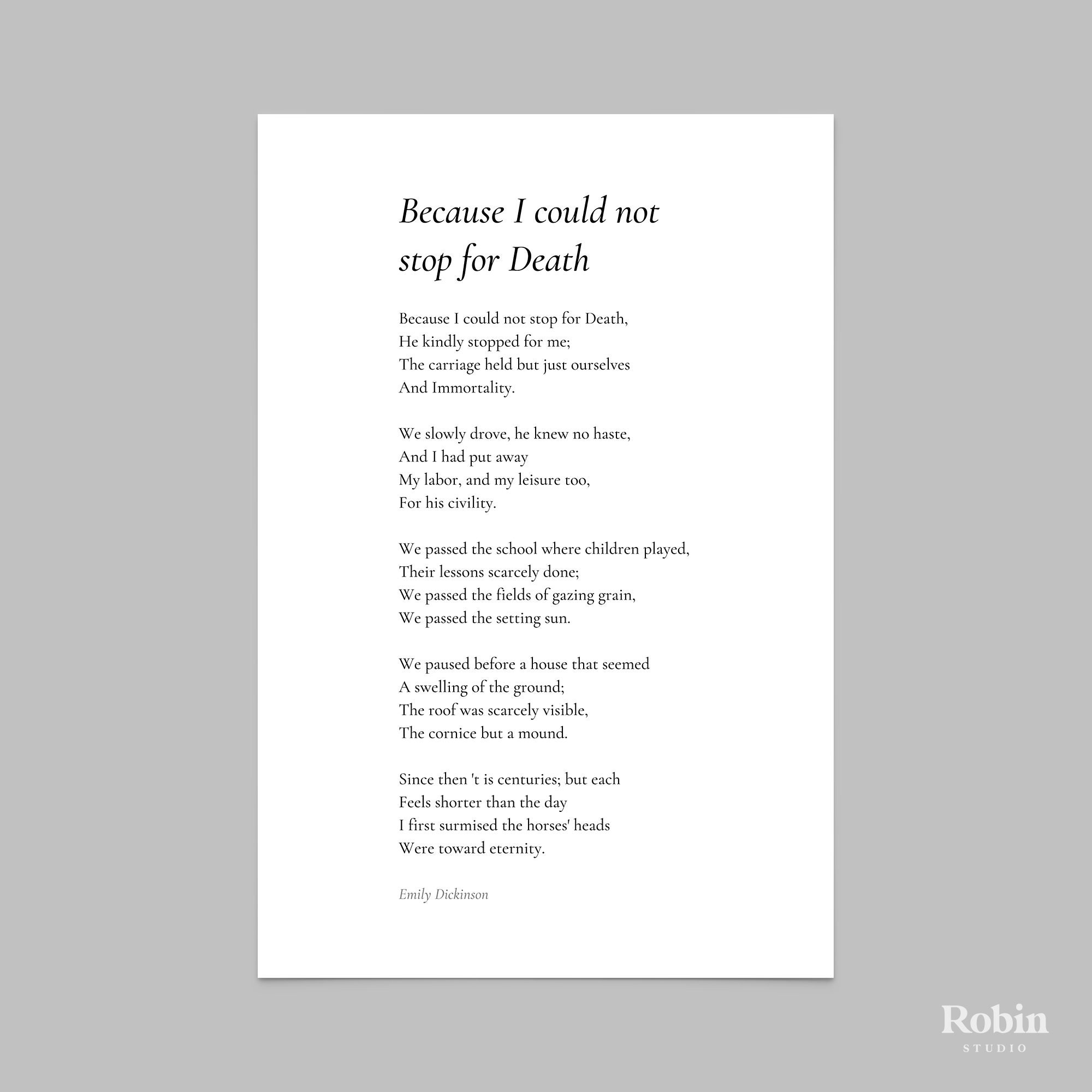 Because I Could Not by Emily Dickinson Poem Print Poetry | Etsy