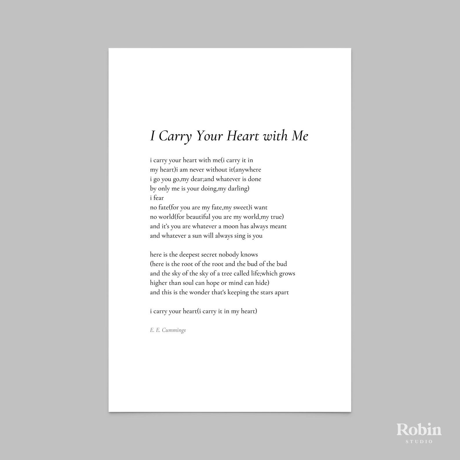 I Carry Your Heart by E E Cummings Poem Print Poetry Print - Etsy
