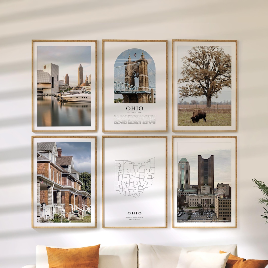 Ohio Wall Art Set of 6, Nature Travel Prints, State Map and Landscape ...