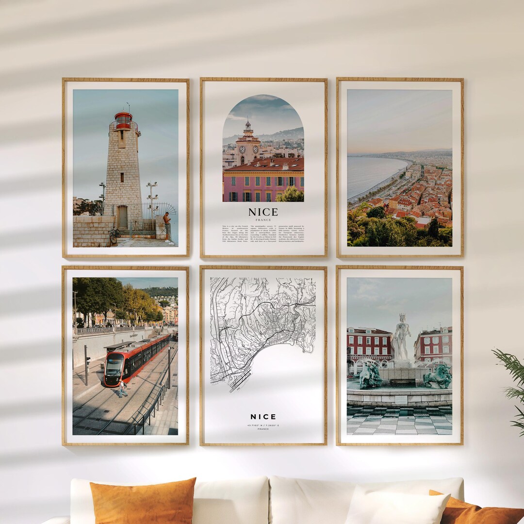 Nice Wall Art Set of 6, France Travel Prints, City Map and Photo Poster ...