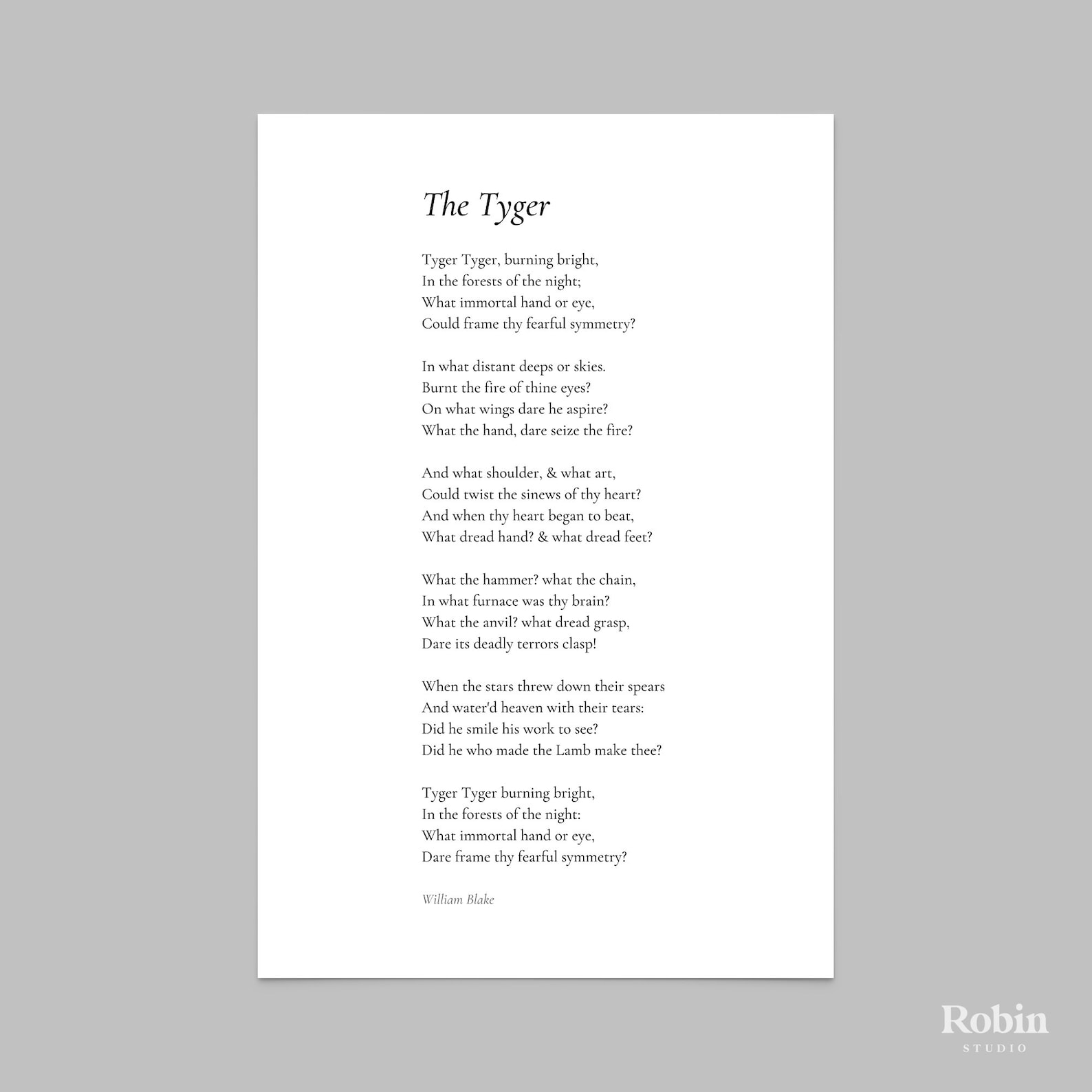 The Tyger by William Blake Poem Print Poetry Print Gift | Etsy