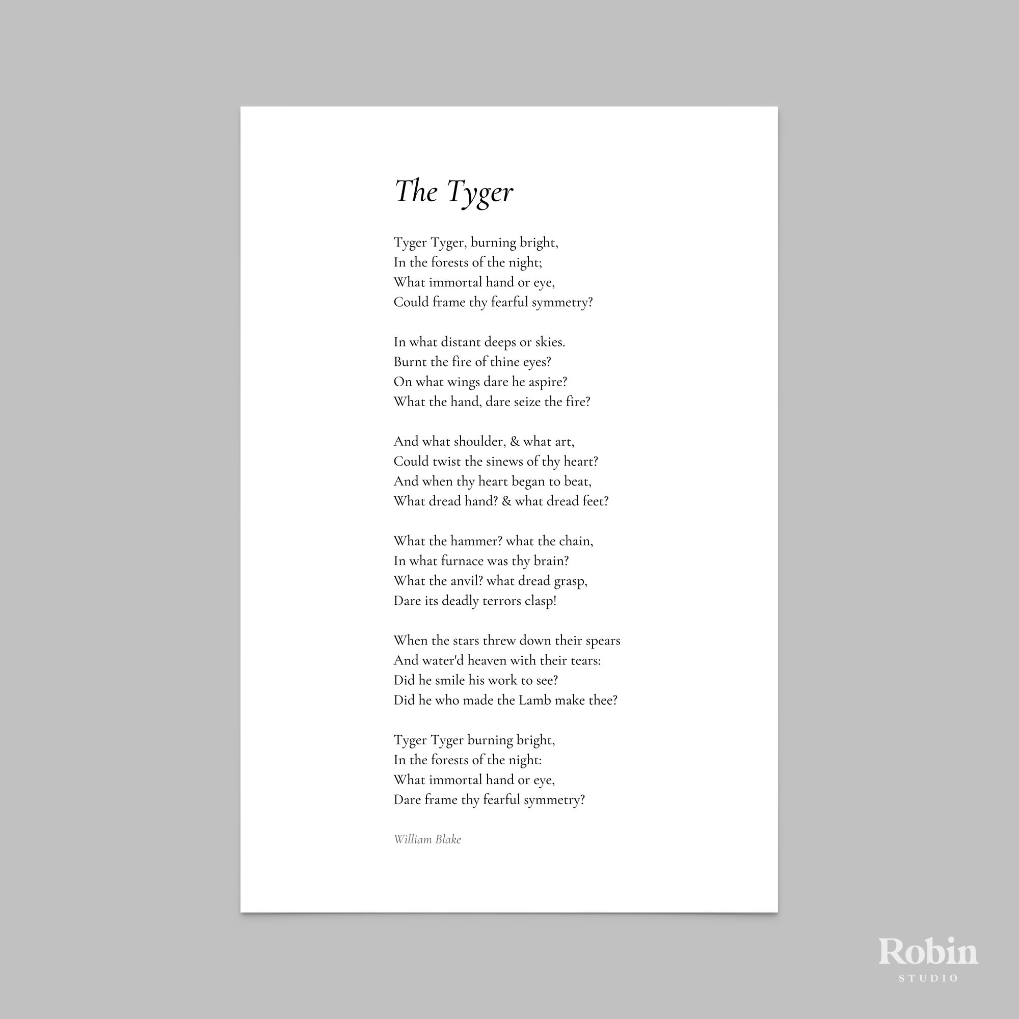 The Tyger by William Blake Poem Print Poetry Print Gift | Etsy