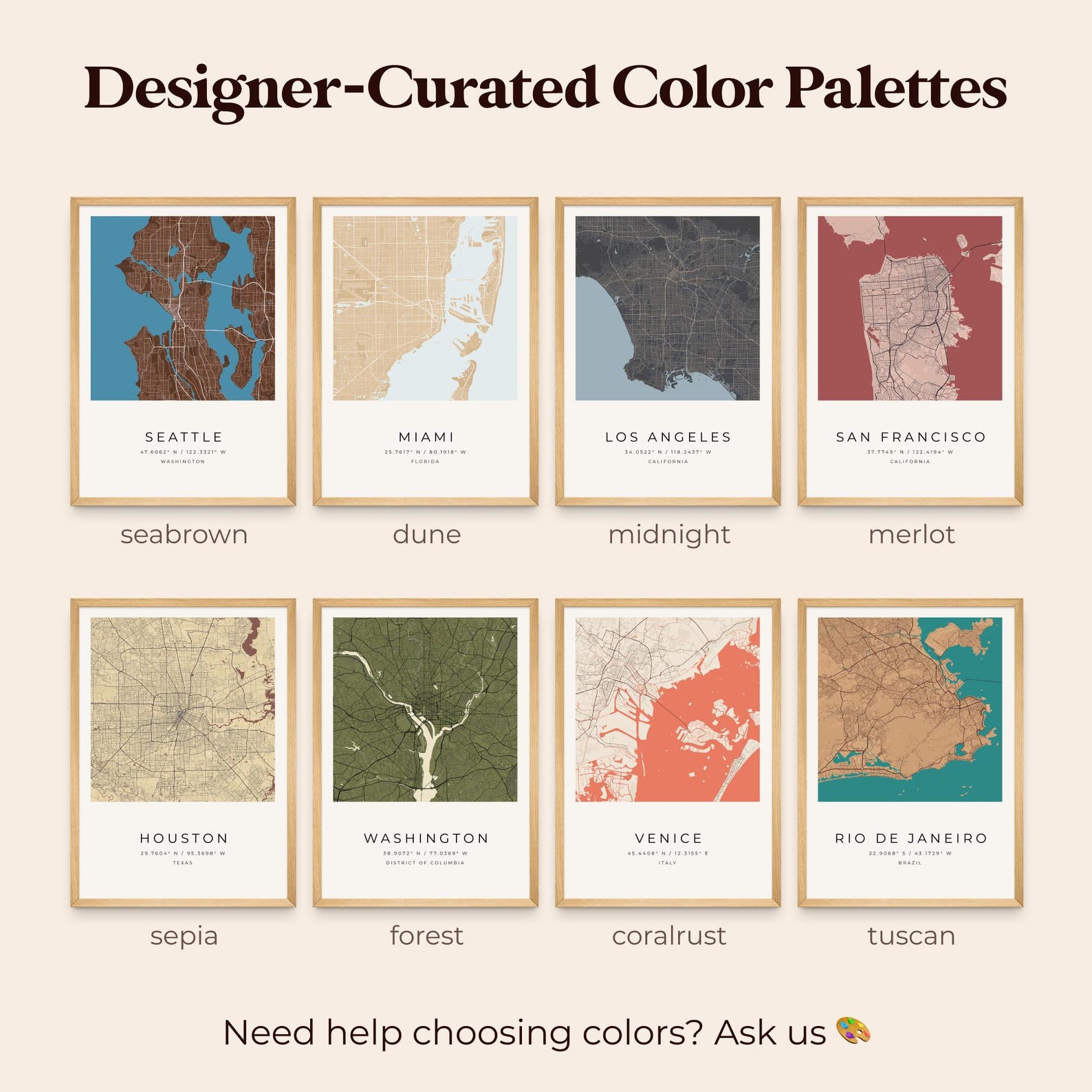 Set of 6 Personalized City Maps, Designer Color Palettes, Custom ...